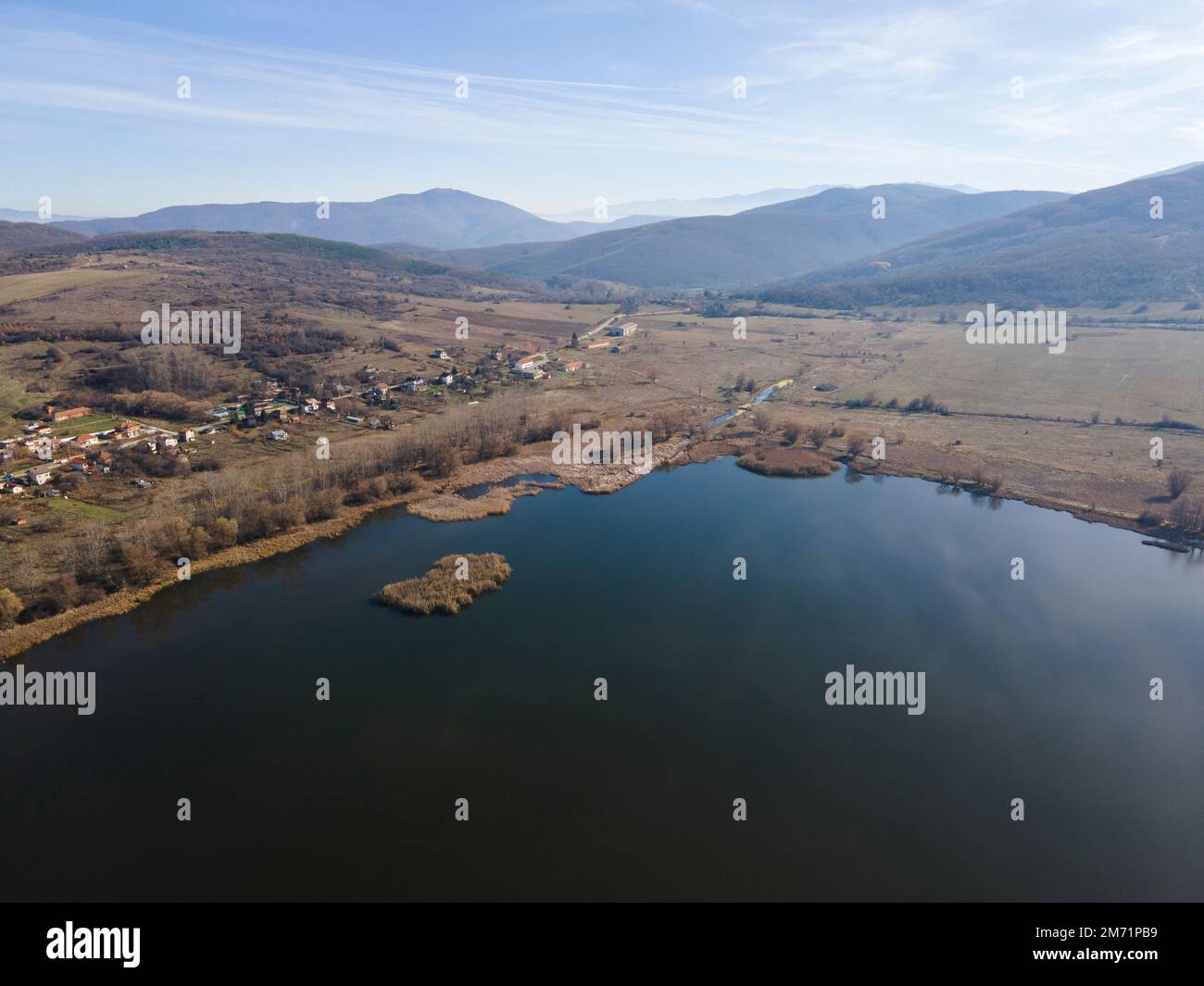Aerial Autumn view of Choklyovo swamp at Konyavska Mountain, Kyustendil ...