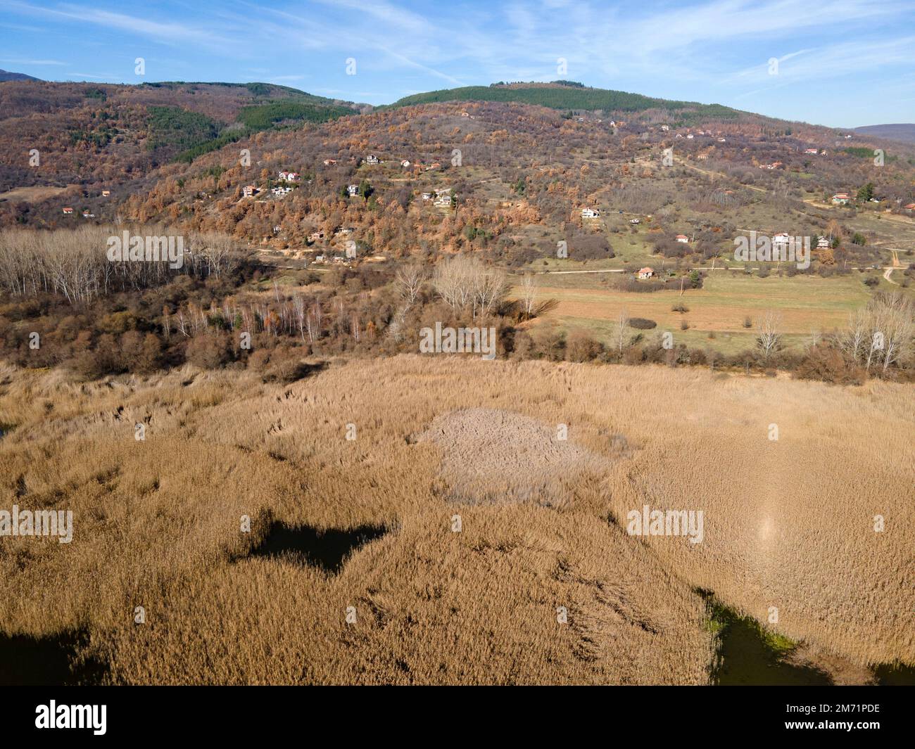 Aerial Autumn view of Choklyovo swamp at Konyavska Mountain, Kyustendil ...