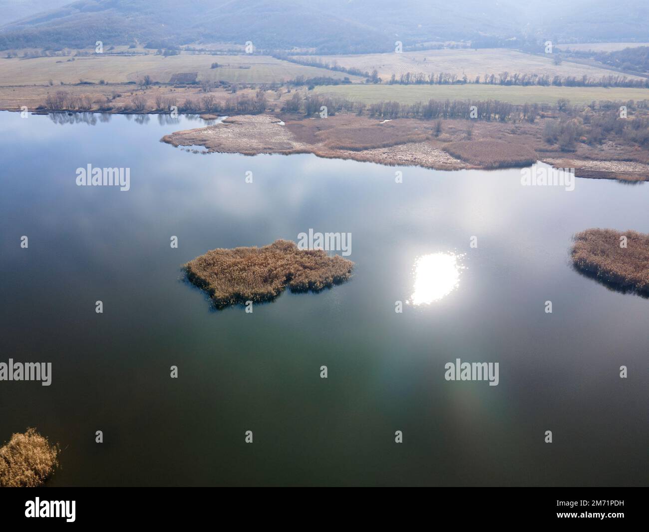 Aerial Autumn view of Choklyovo swamp at Konyavska Mountain, Kyustendil ...