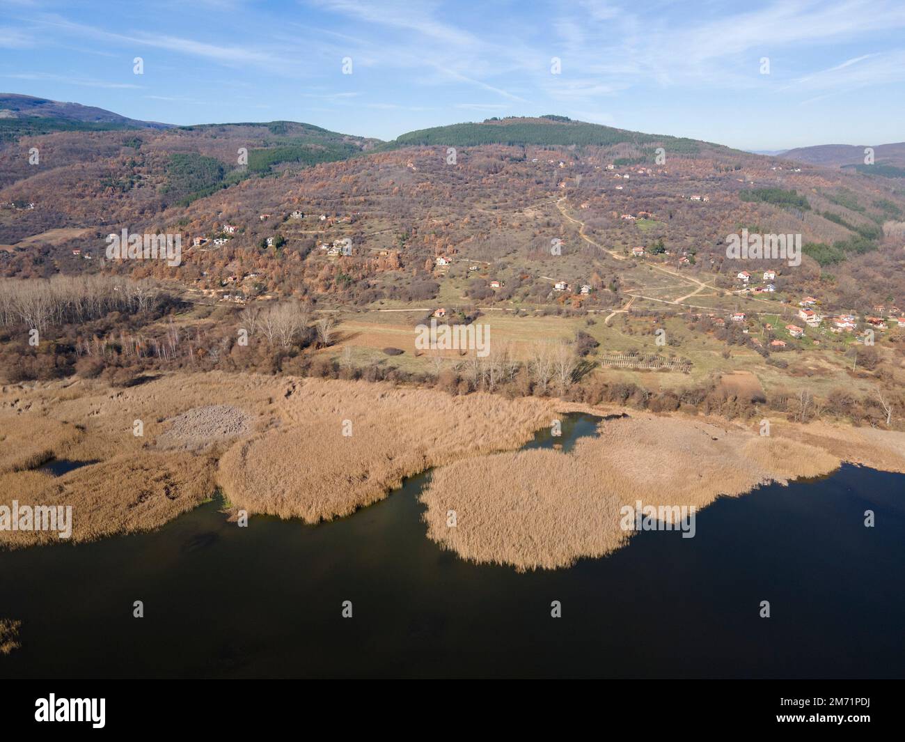 Aerial Autumn view of Choklyovo swamp at Konyavska Mountain, Kyustendil ...