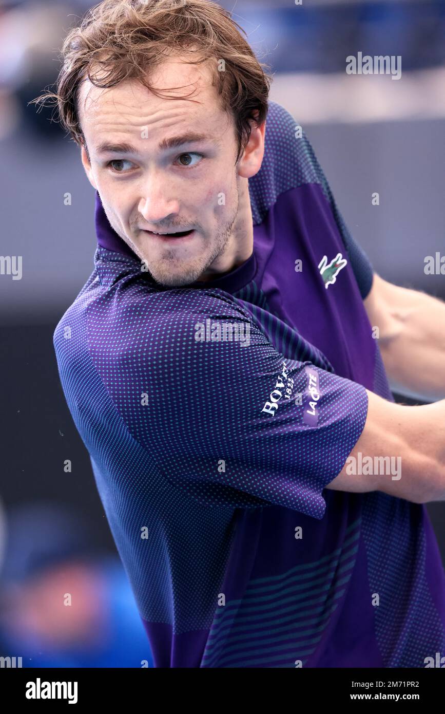 Adelaide, Australia, 6 January, 2023. Daniil Medvedev hits a backhand ...