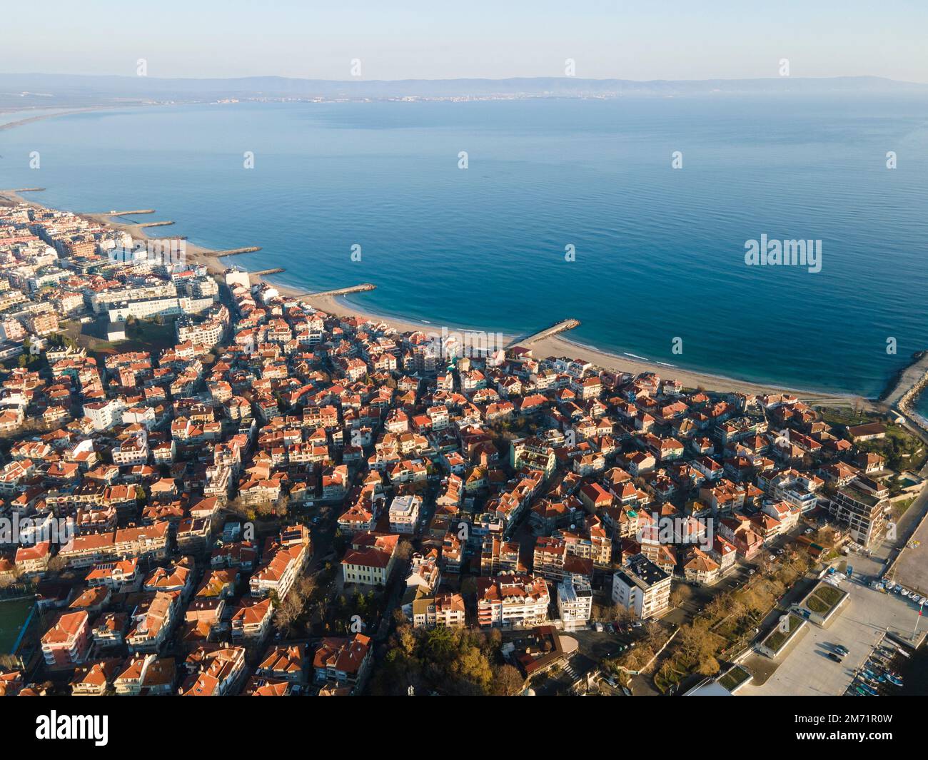 Amazing Aerial Sunrise view town of Pomorie, Burgas Region, Bulgaria ...