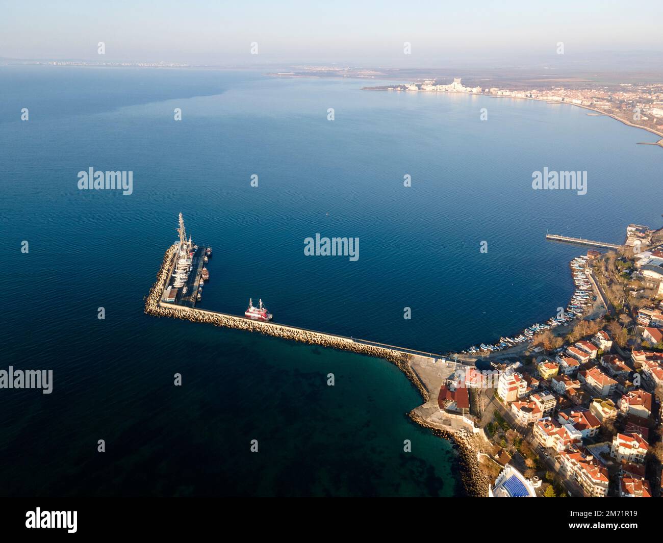 Amazing Aerial Sunrise view town of Pomorie, Burgas Region, Bulgaria ...