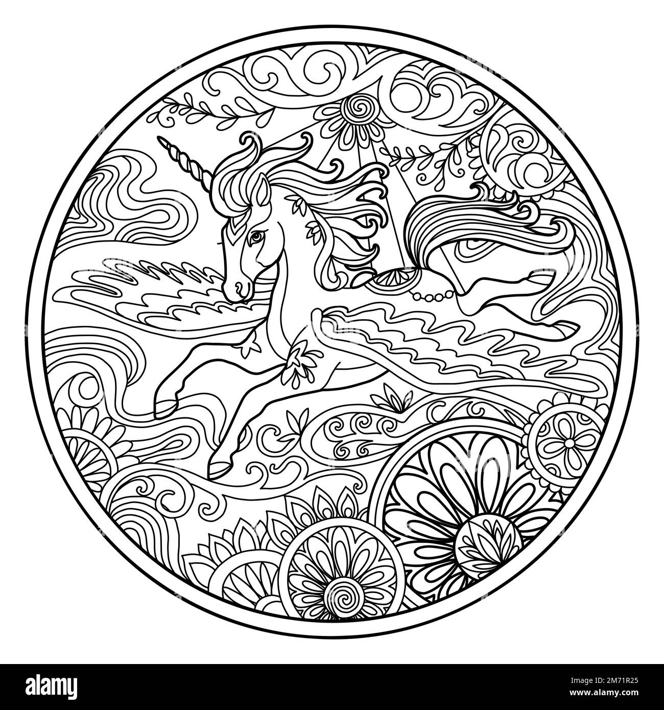 Vector coloring book page winged unicorn with magic flowers, circle ...