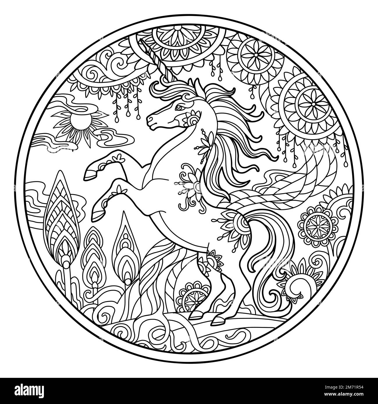 Vector coloring book page ornate unicorn with magic flowers, circle ...