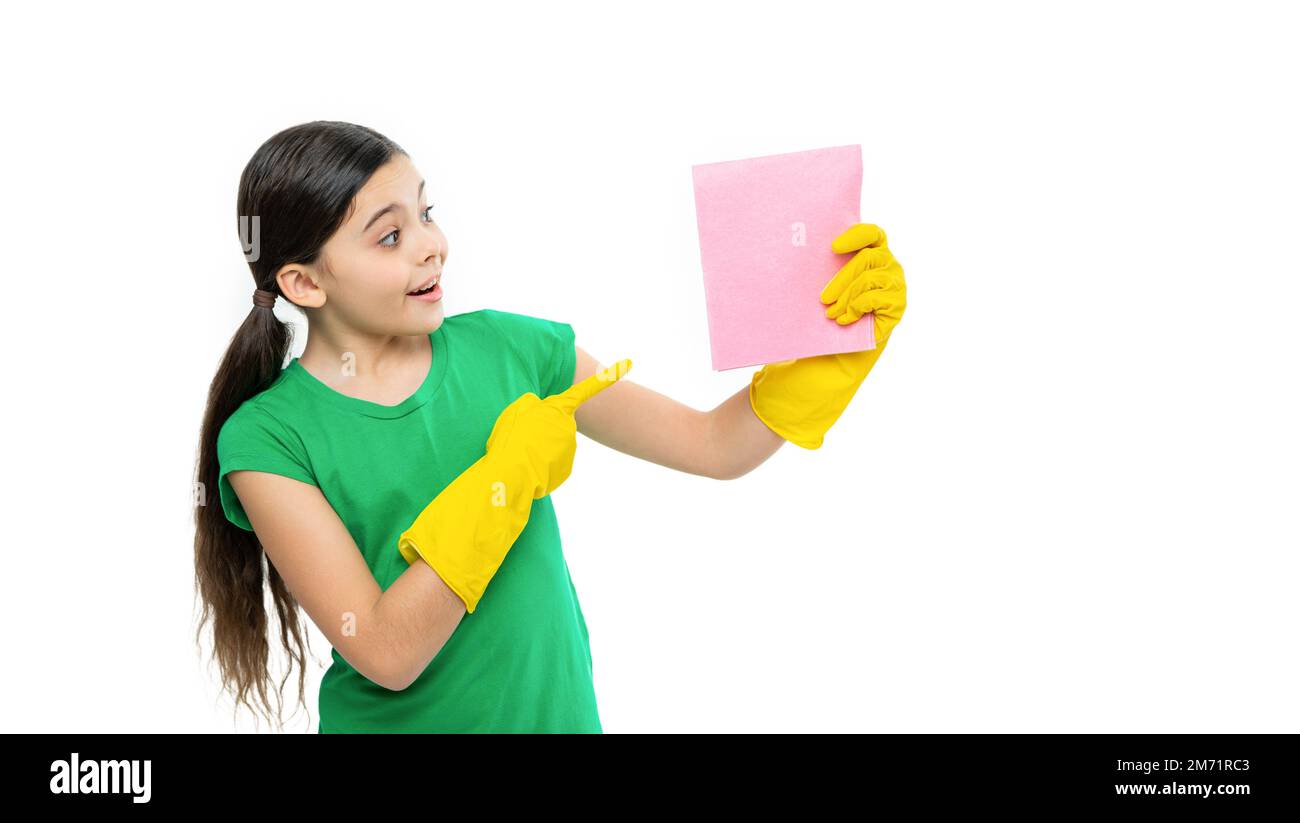 girl cleaner do chores on background, pointing. photo of girl cleaner ...