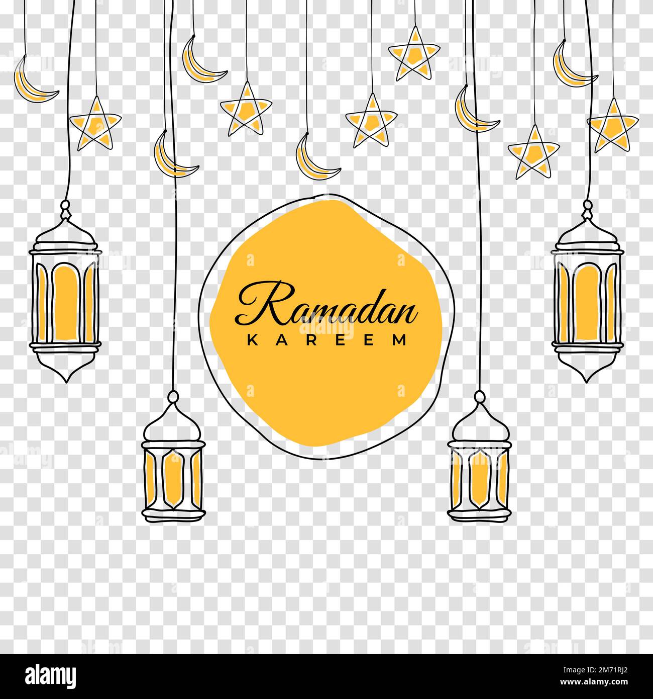 Ramadan greeting card or banner background. Hand drawn lanterns, moon ...