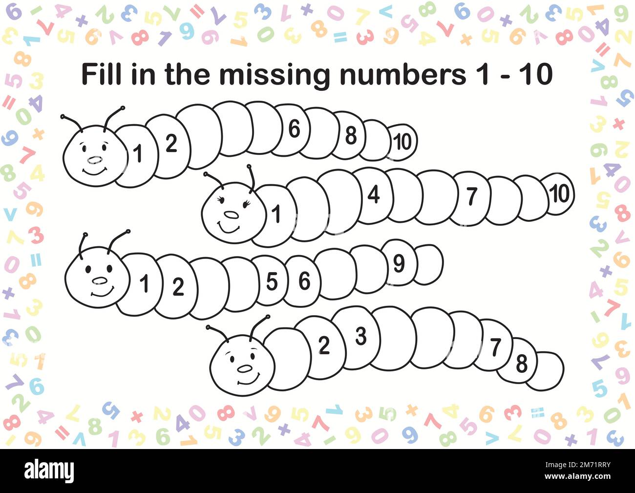 Kindergarten worksheet, fill the missed numbers exercise, vector format ...