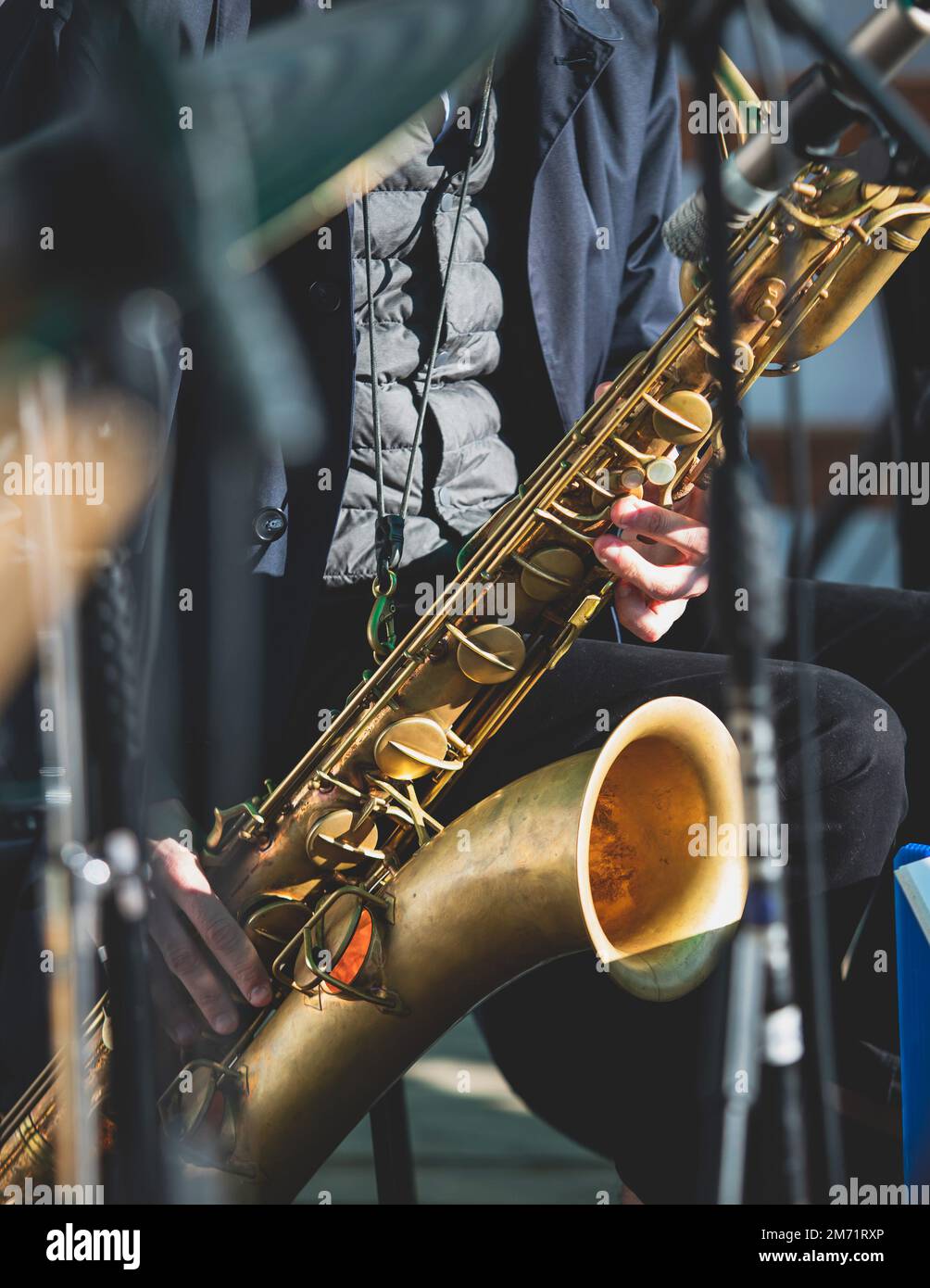 Concert view of saxophonist, a saxophone sax player with vocalist and ...