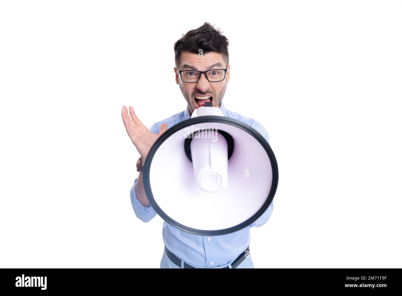 selective focus of man with megaphone announcement. man with megaphone ...