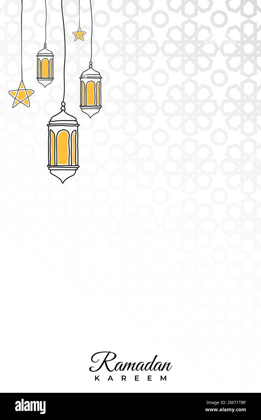 Ramadan greeting card or banner background. Hand drawn lanterns, moon ...