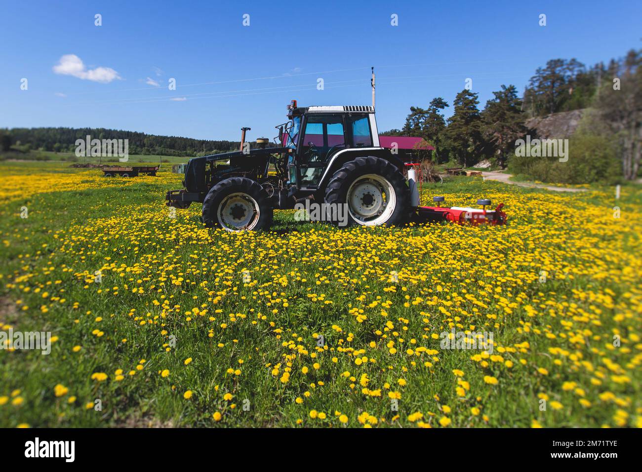 Tractor with a disc harrow system on the cultivated farm field, process ...