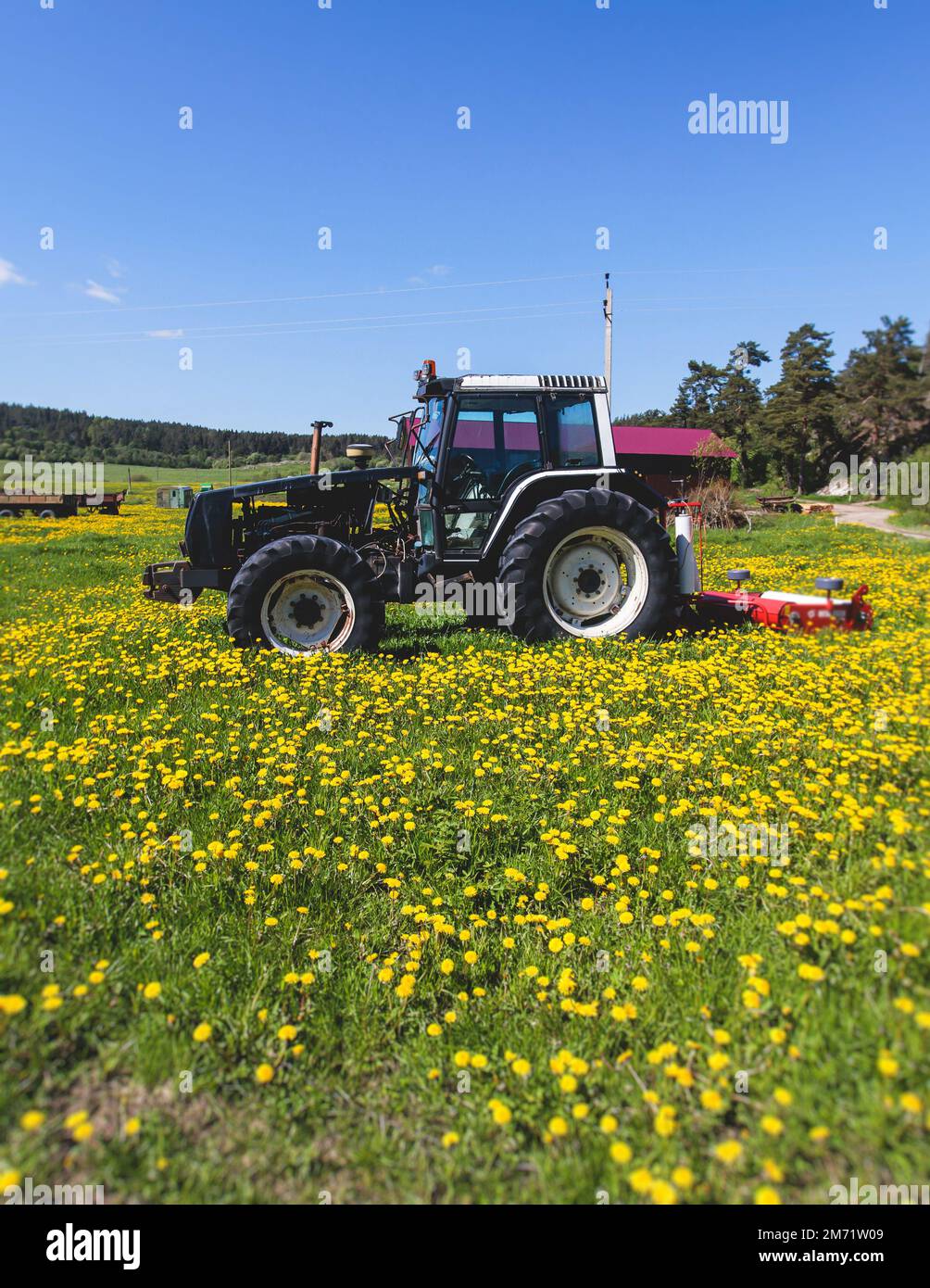 Tractor with a disc harrow system on the cultivated farm field, process ...