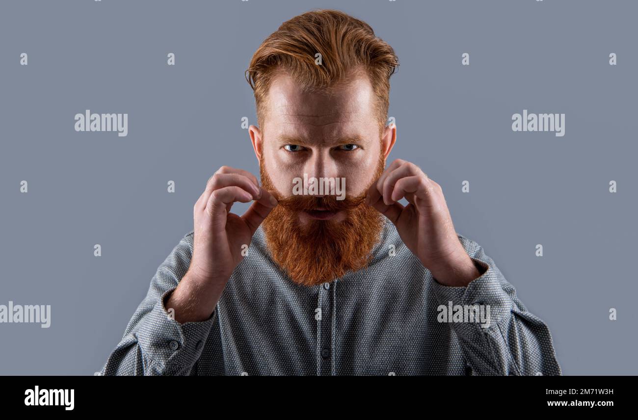 Portrait of Irish man with beard. Serious man twirling moustache ...