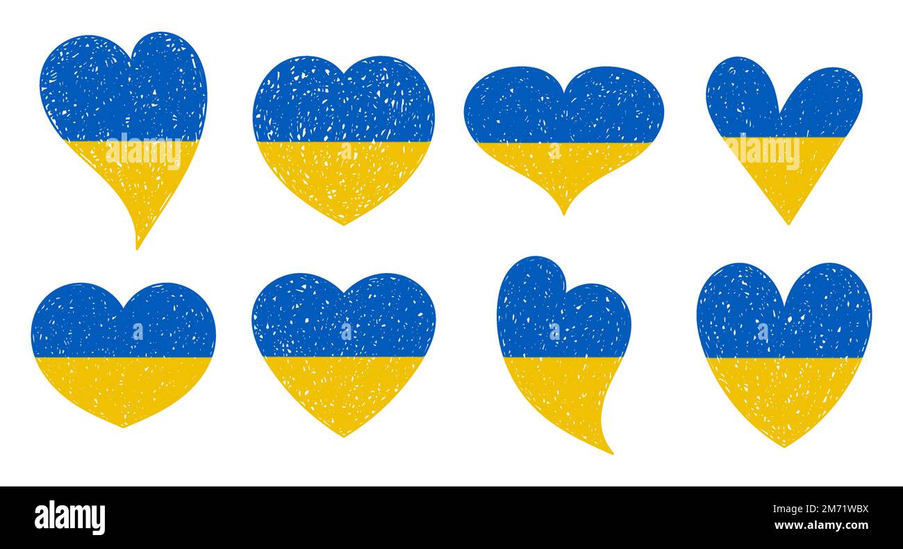 Set of Ukraine flag icon in the shape of hearts. Save Ukraine concept ...