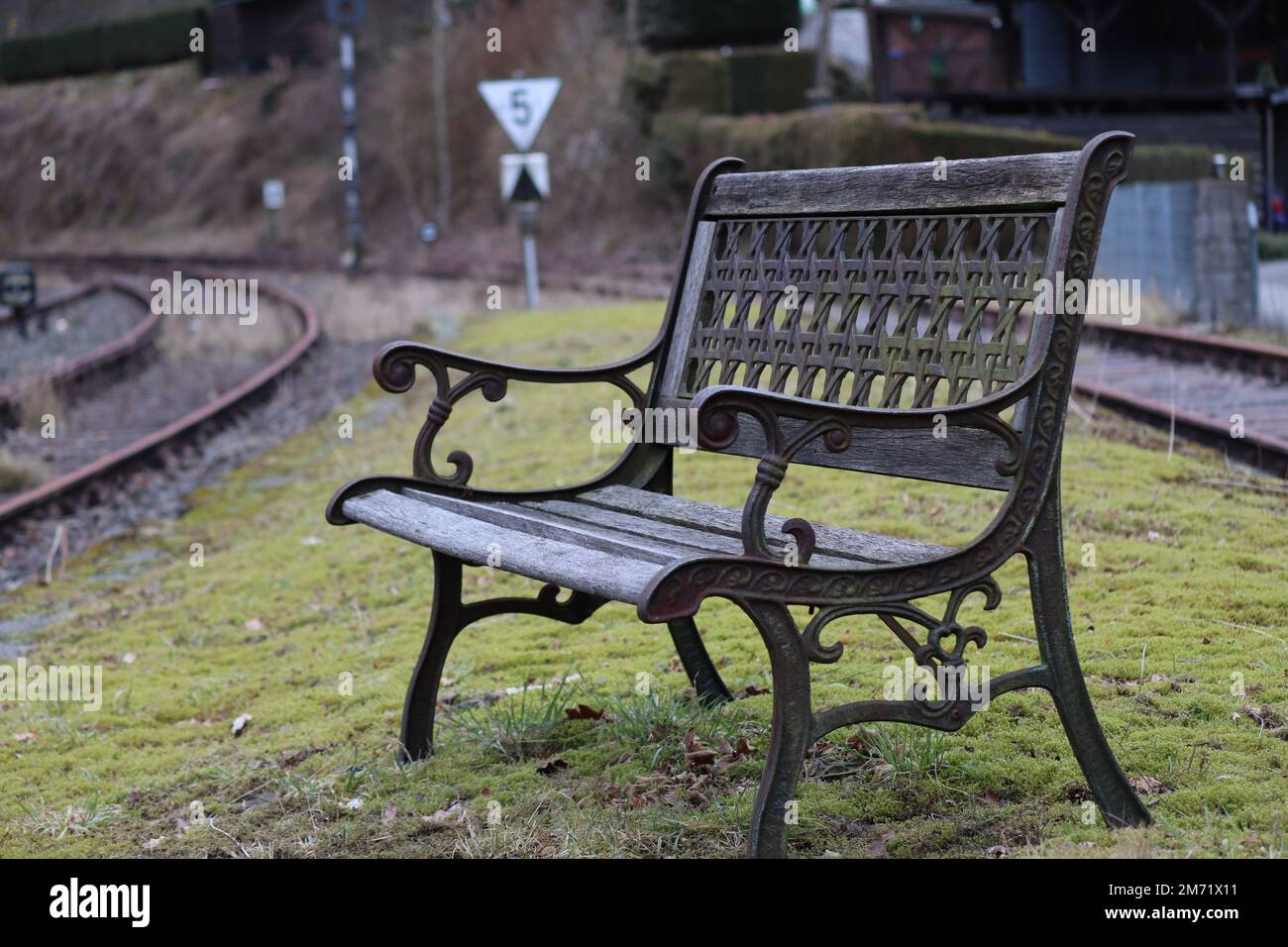 Old bench in an abandoned train station in Radevormwald, Germany Stock ...