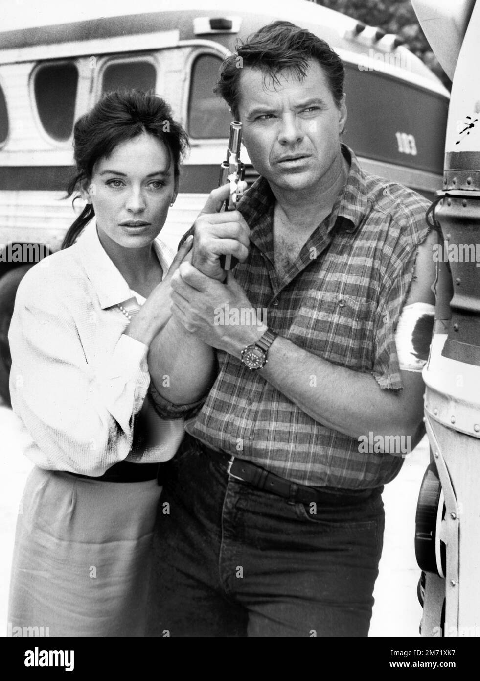 Lesley-Anne Down, Robert Urich, on-set of the Television Film, "Night ...