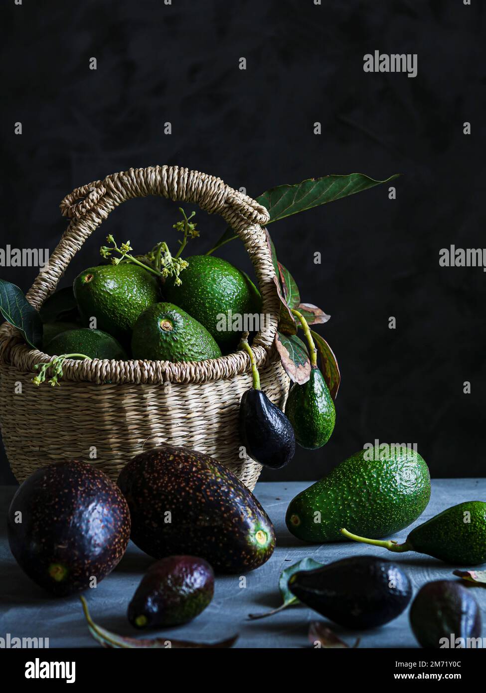 Black and green avocados in a basket Stock Photo - Alamy