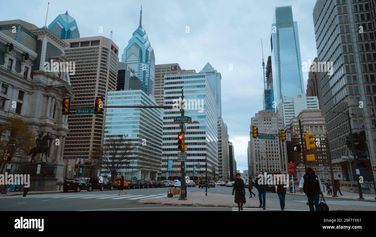 Typical street view in Philadelphia with the skyscrapers of the city ...