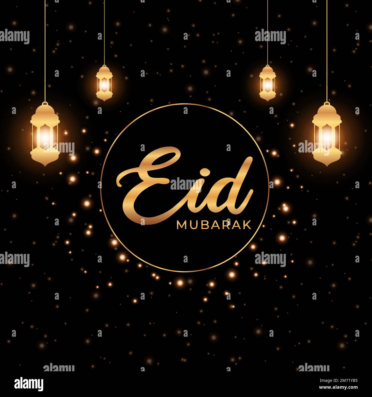 Eid mubarak greeting card. Golden lanterns and stars on black ...