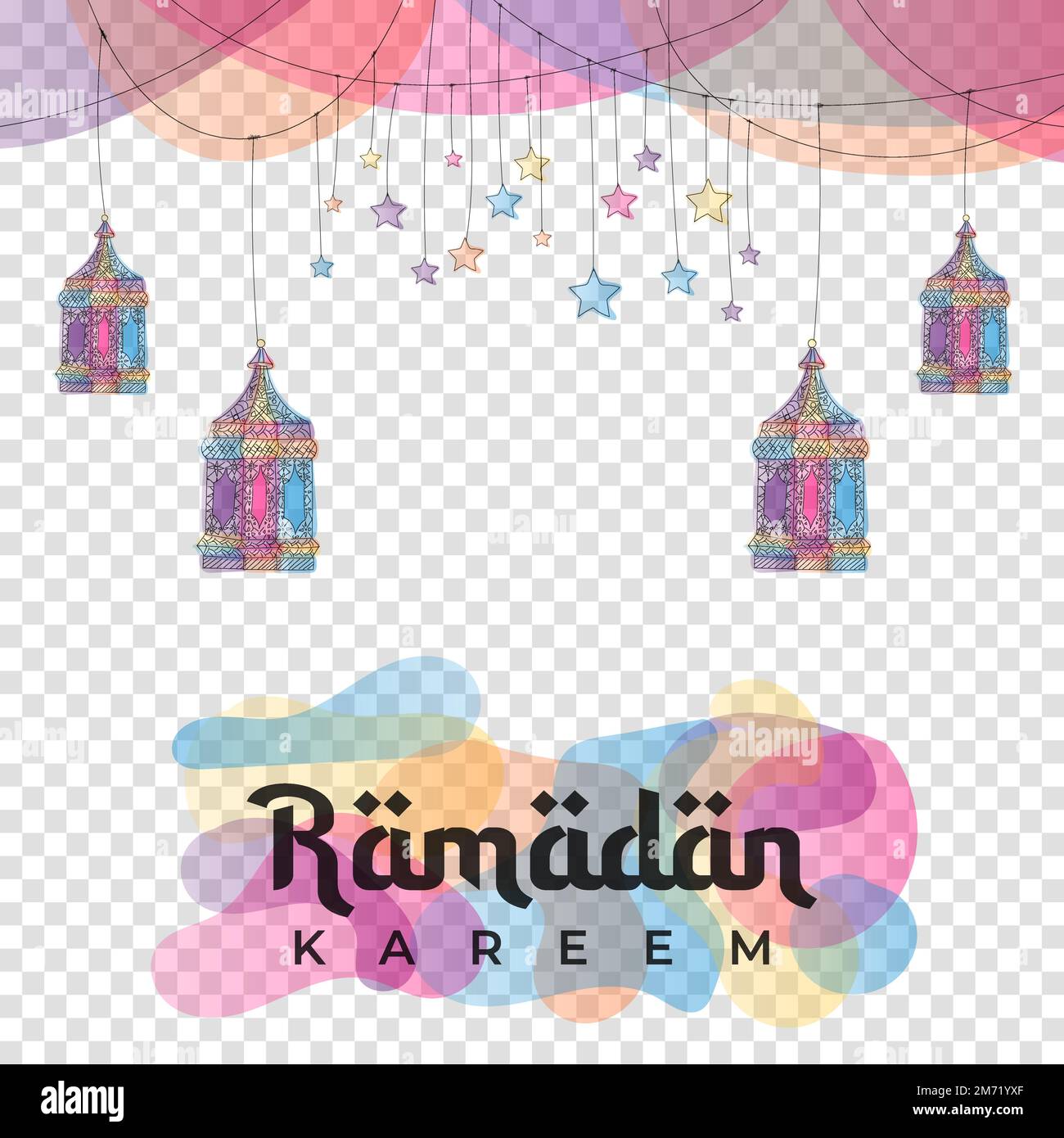 Ramadan greeting card or banner background. Hand drawn lanterns and ...