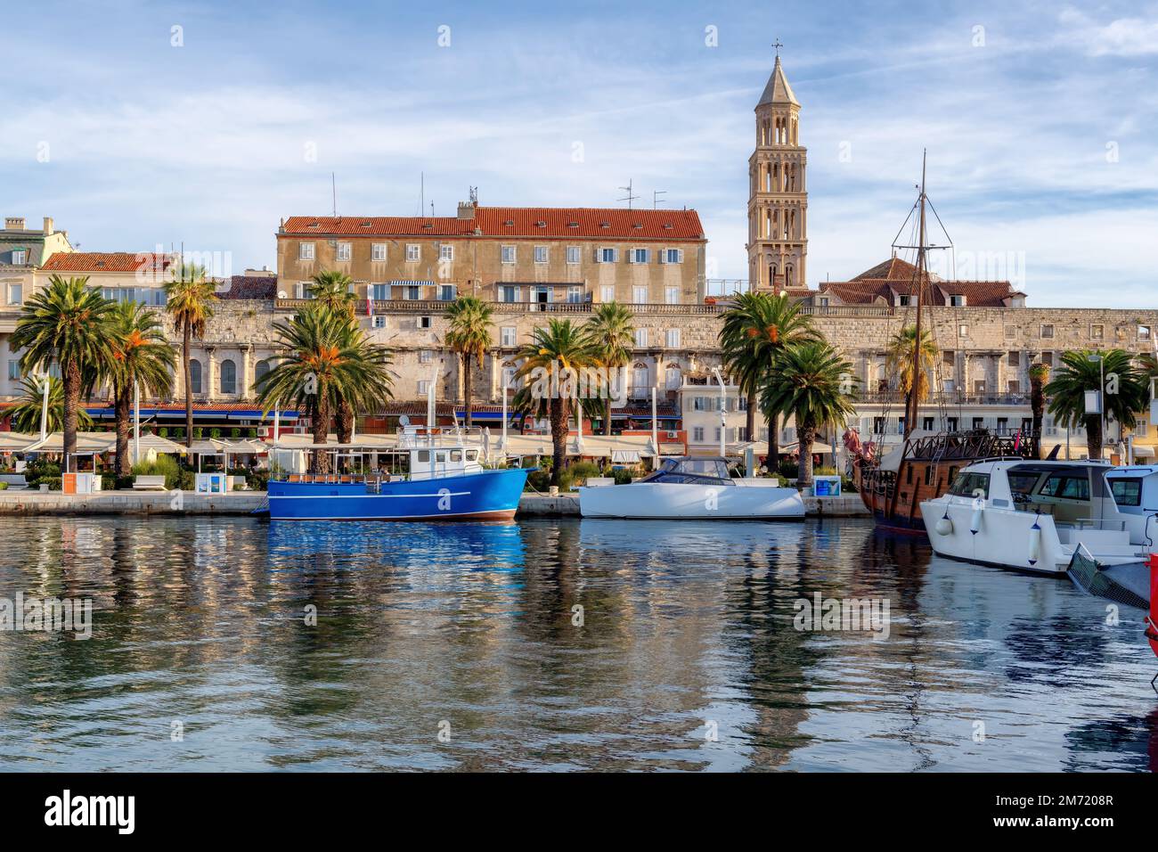 Waterfront view of Split old town with ships in harbor, Split, Dalmatia ...