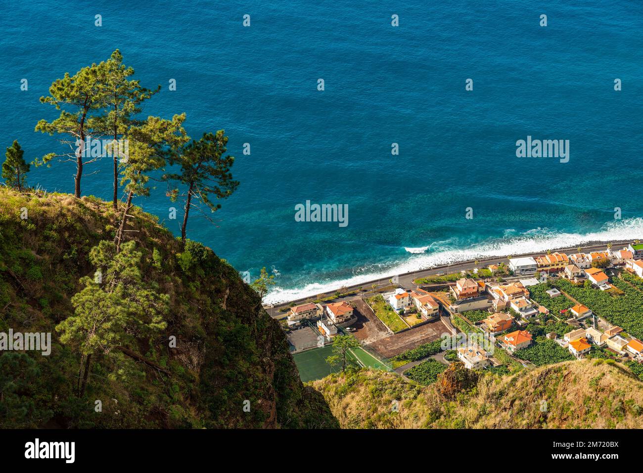 Elevated view of Paul do Mar and its shoreline at the Atlantic Ocean ...