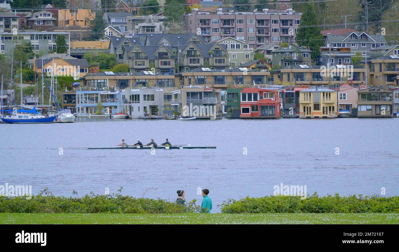 Colorful mansions in the city of Seattle located at Union Lake Stock ...