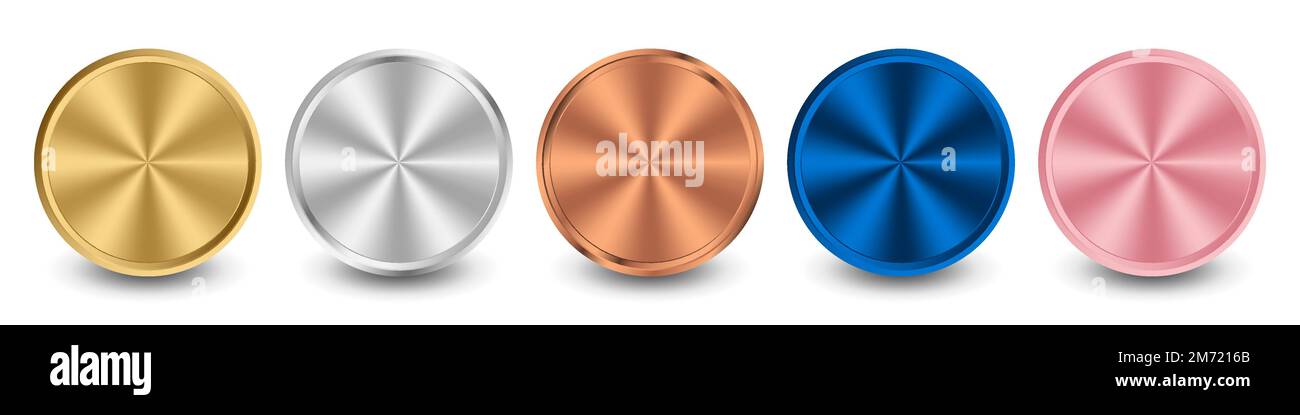 Collection of gold, silver, bronze, blue metal, and pink metal radial ...