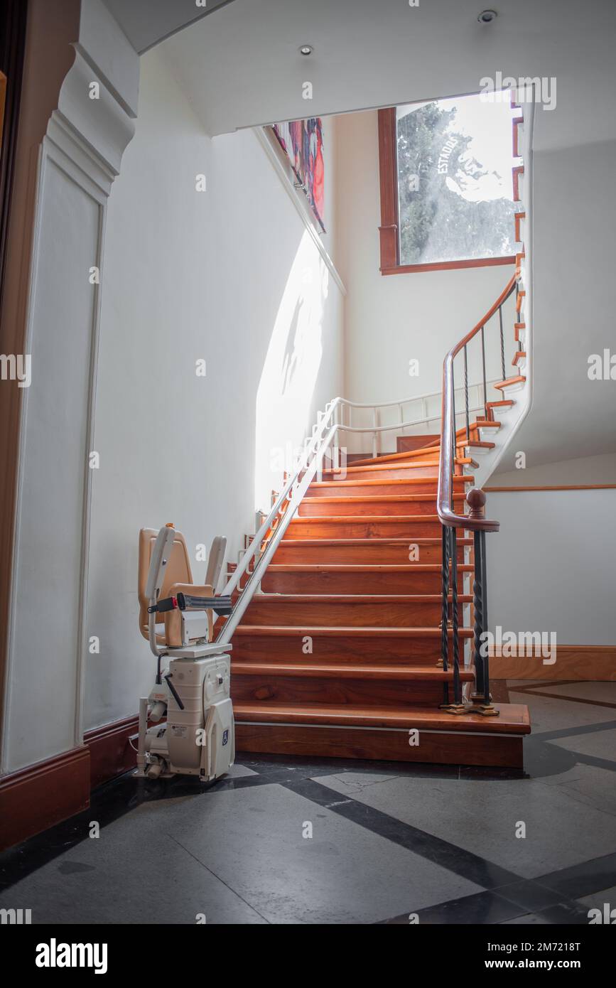 Tlatelolco, CDMX, 10 12 22, Antique stair lift with folding seat ...
