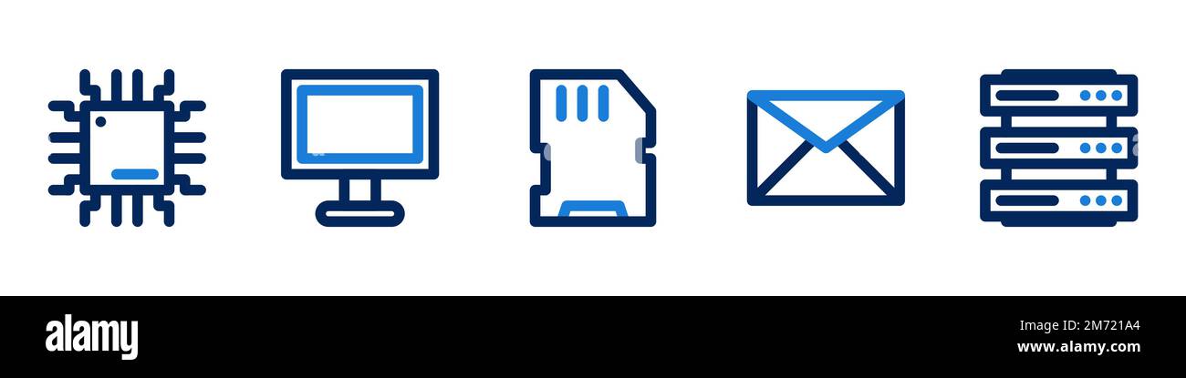 Set of technology icons. Chip, Computer monitor, Storage, Email, Server ...