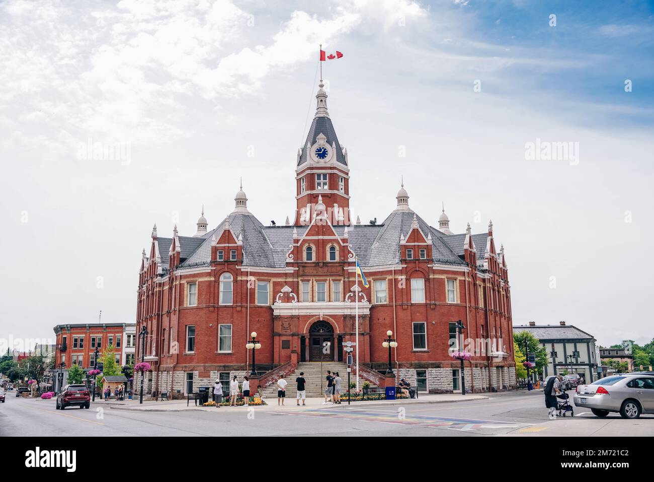 Red brick city hall with a clock tower in the scenic historic center in ...