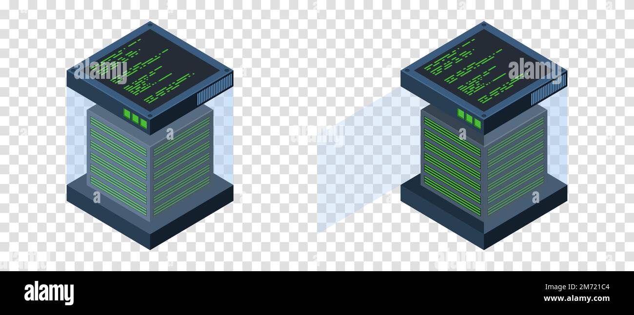 Isometric servers. Data storages. 3D computer equipment. Storage ...