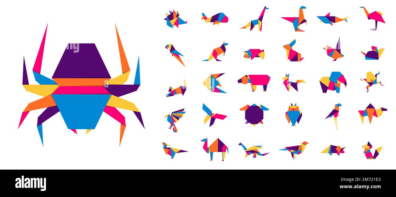 Colorful origami animals. Abstract polygon animals. Folded paper shapes ...