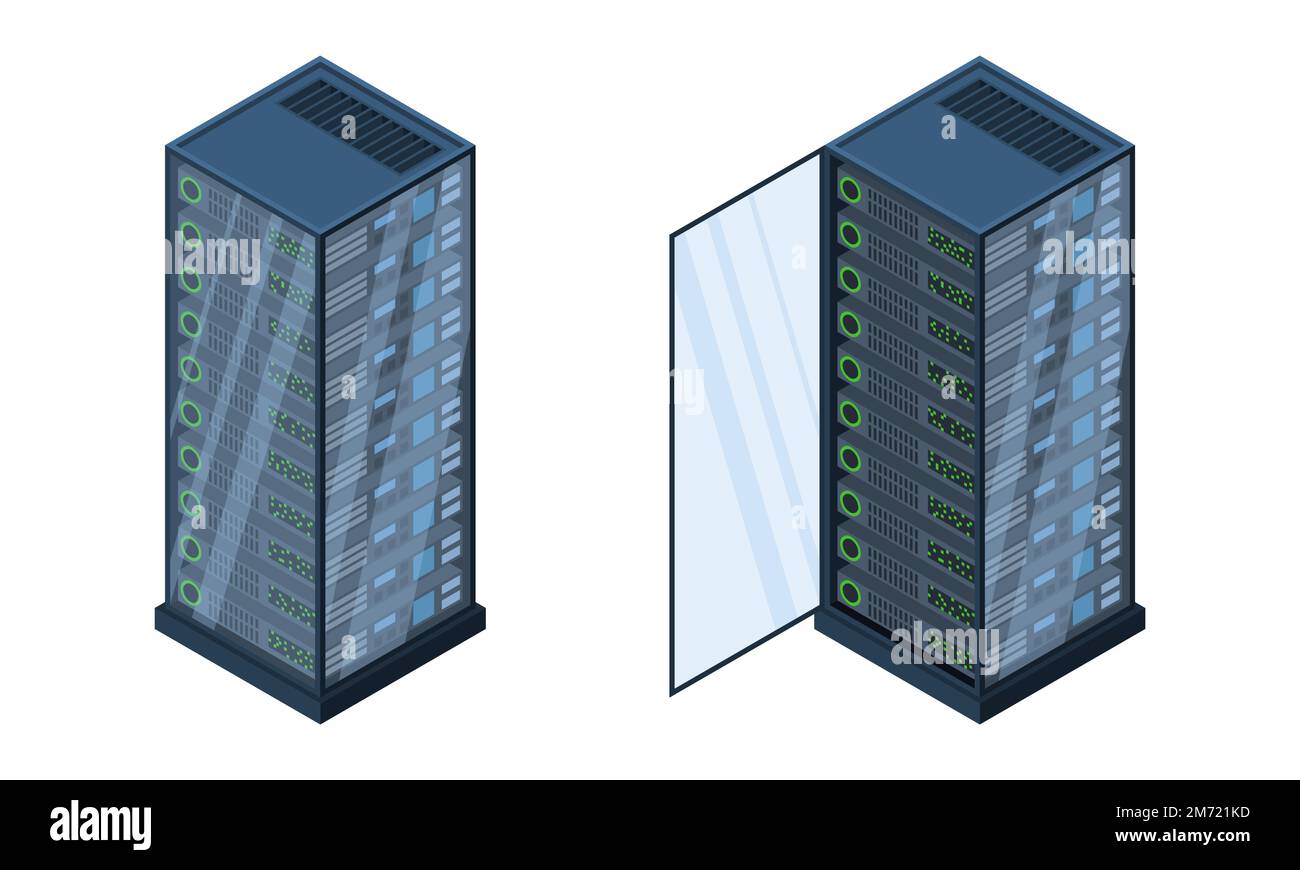 Isometric servers. Data storages. 3D computer equipment. Storage database. Equipment server ...