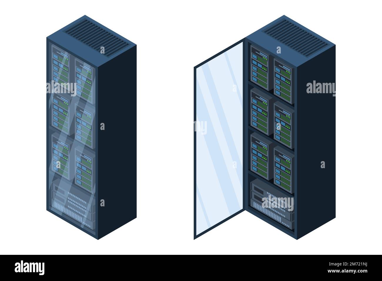 Isometric servers. Data storages. 3D computer equipment. Storage database. Equipment server ...