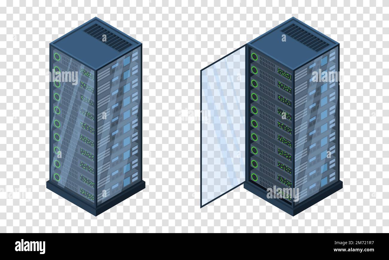 Isometric servers. Data storages. 3D computer equipment. Storage database. Equipment server ...