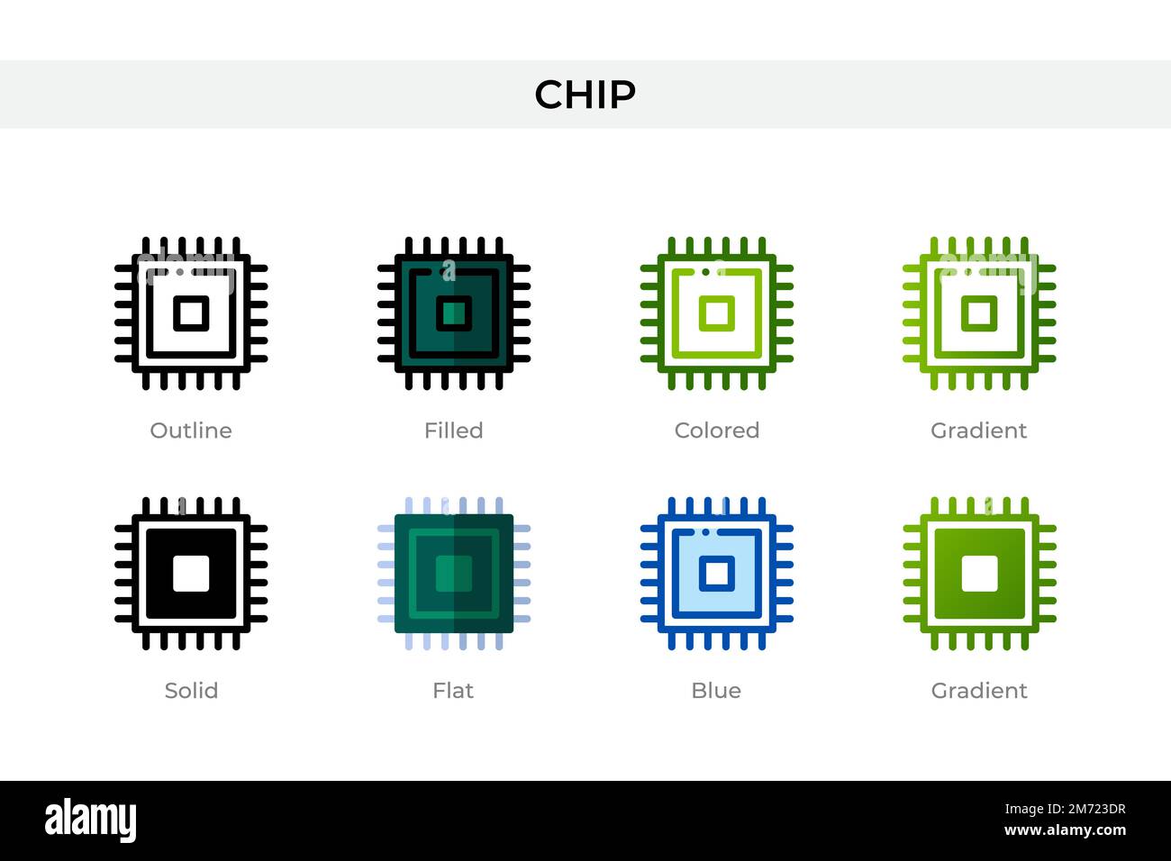 Chip icon in different style. Chip vector icons designed in outline, solid, colored, filled ...
