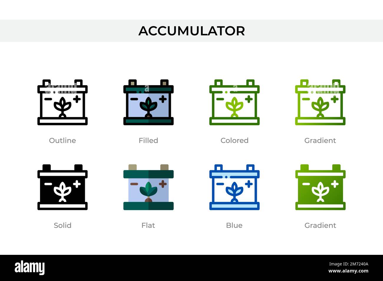 Accumulator icon in different style. Accumulator vector icons designed in outline, solid ...