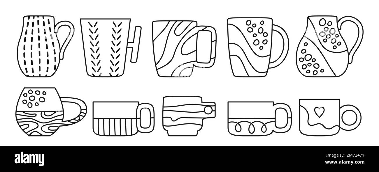 Cup mug trendy line doodle different pattern and shapes set. Crafted ...