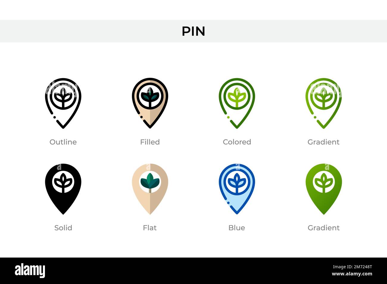 Pin icon in different style. Pin vector icons designed in outline, solid, colored, filled ...