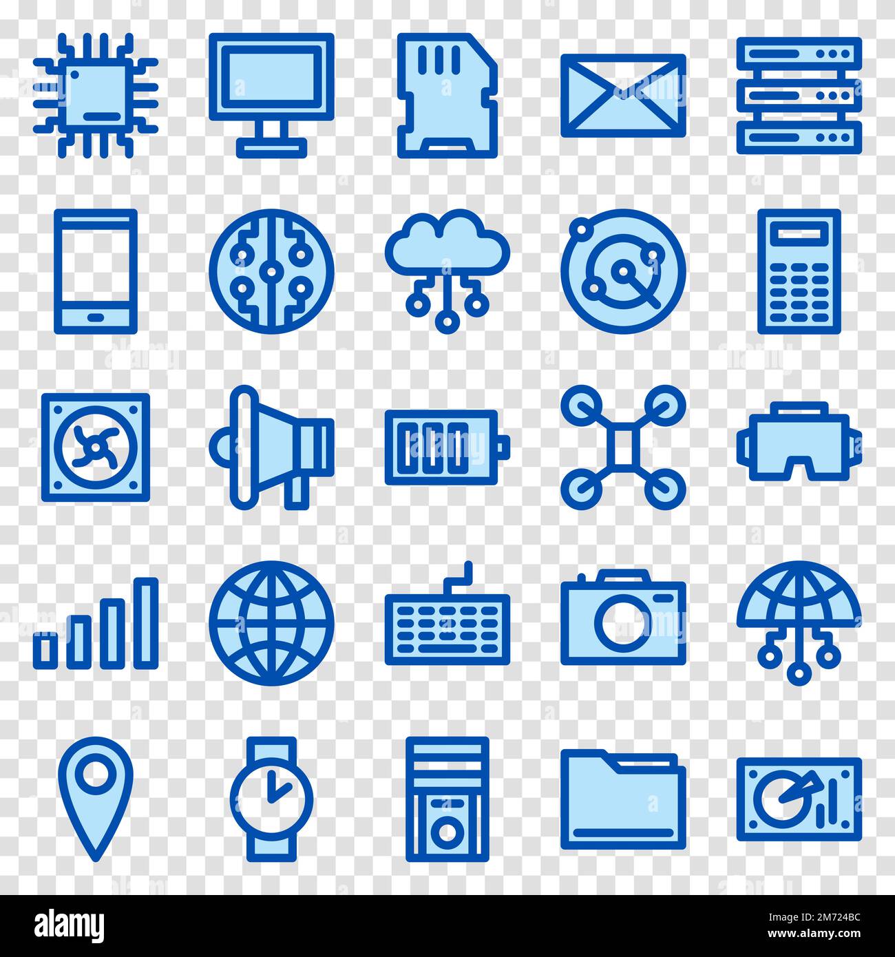Set of 25 device and technology web icons in line blue style. Industry ...