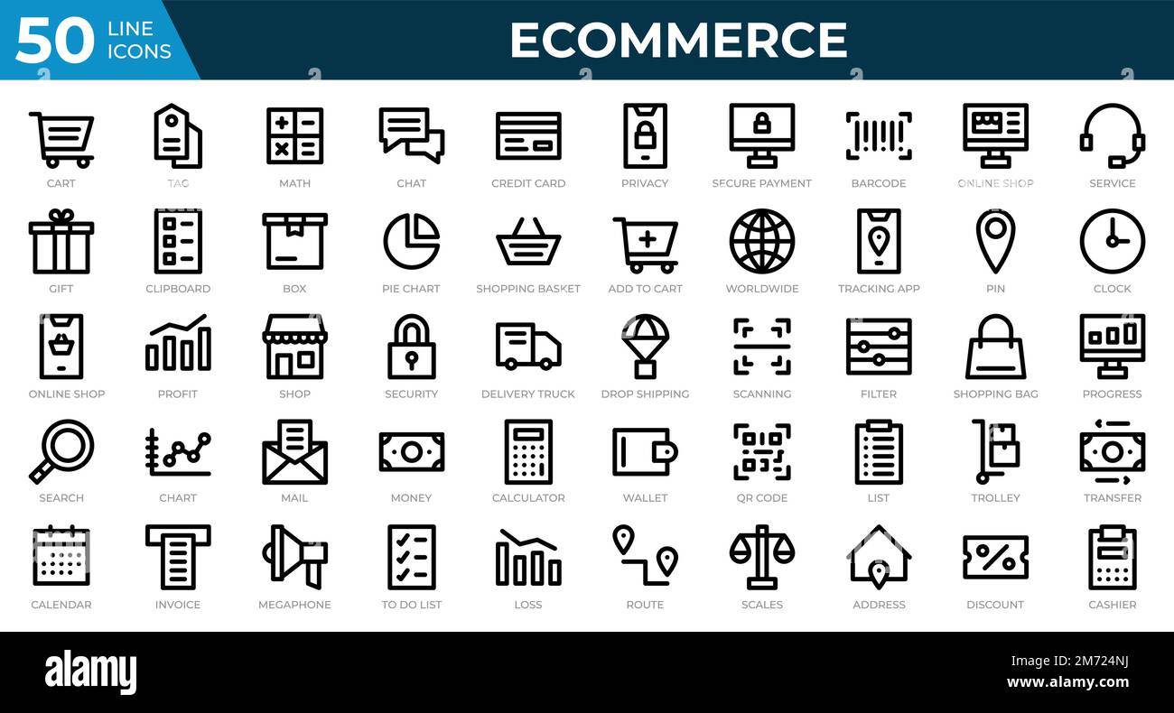 Set of 50 Ecommerce web icons in line style. Credit card, profit, invoice. Outline icons ...
