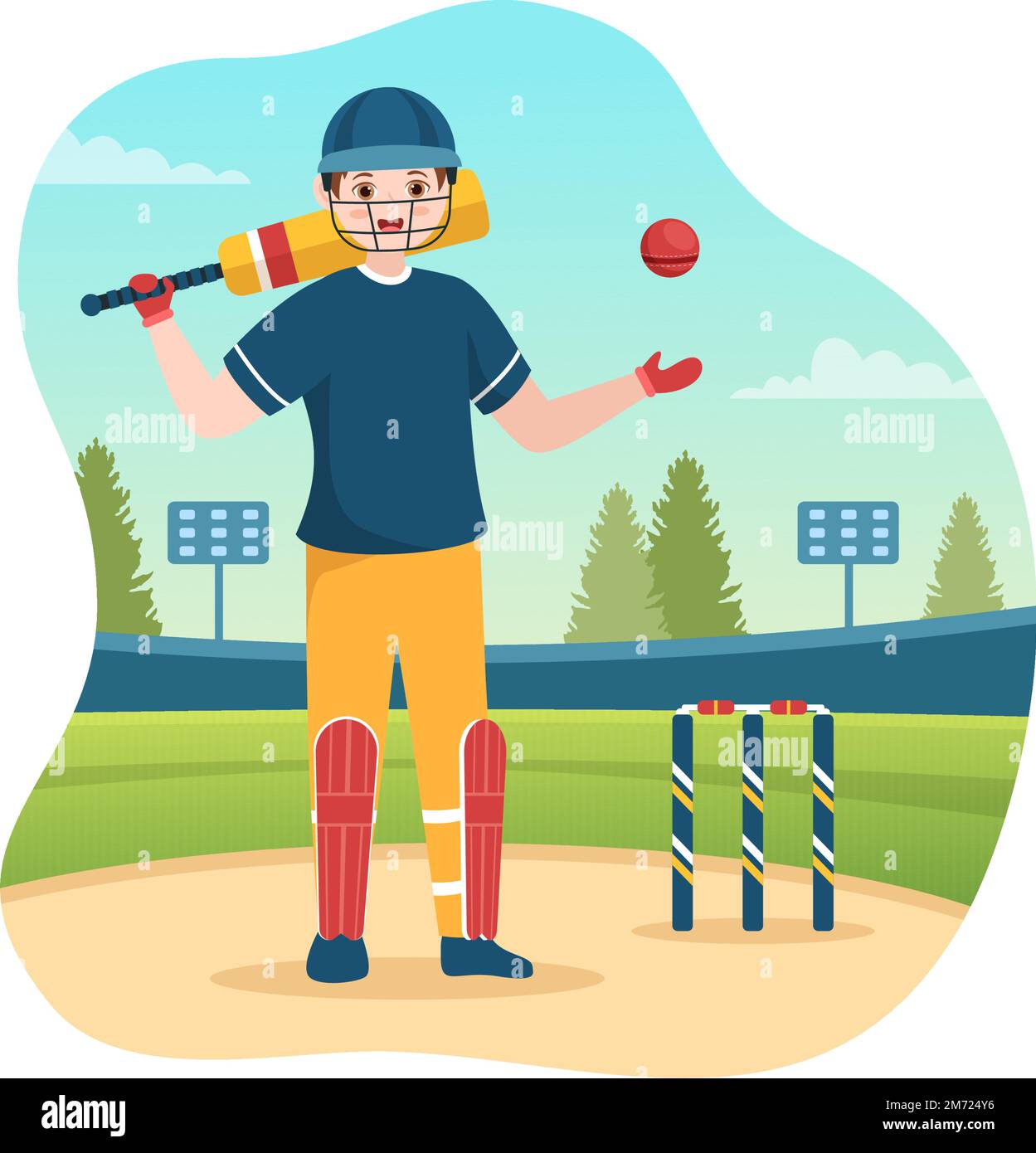 Batsman Playing Cricket Sport Illustration with Bat and Balls in the Field for Championship in ...