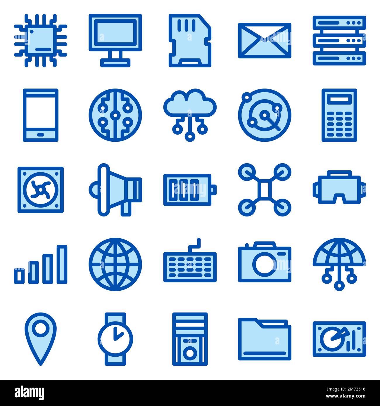 Set of 25 device and technology web icons in line blue style. Industry ...
