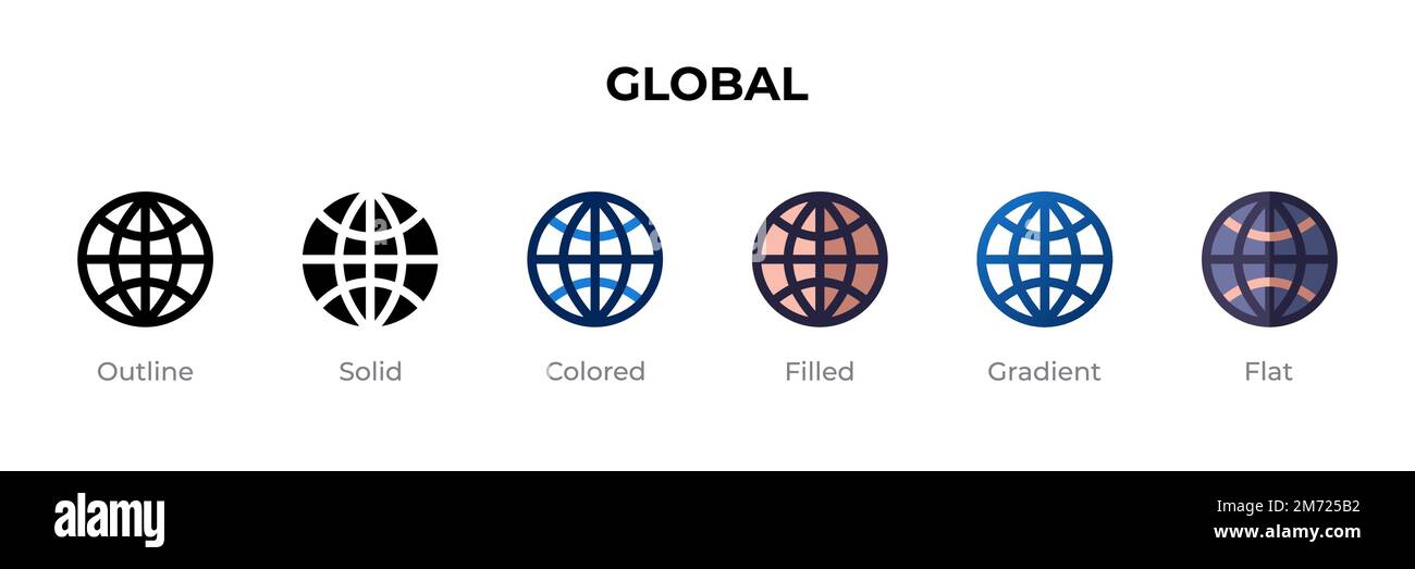 Global icon in different style. Global vector icons designed in outline, solid, colored, filled ...