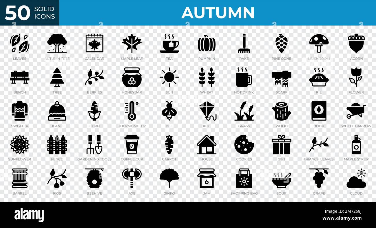 Set of 50 Autumn icons in solid style. Leaves, berries, sweater. Solid ...