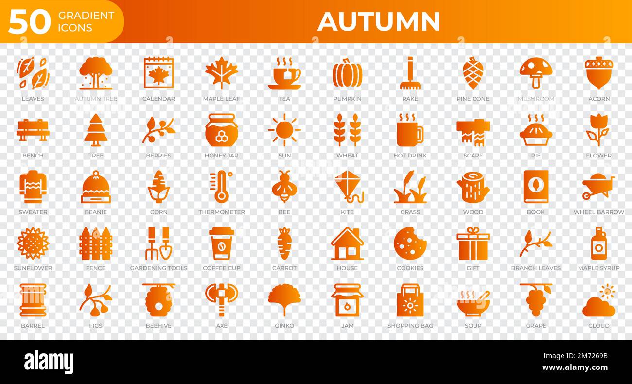 Set of 50 Autumn icons in gradient style. Leaves, berries, sweater ...