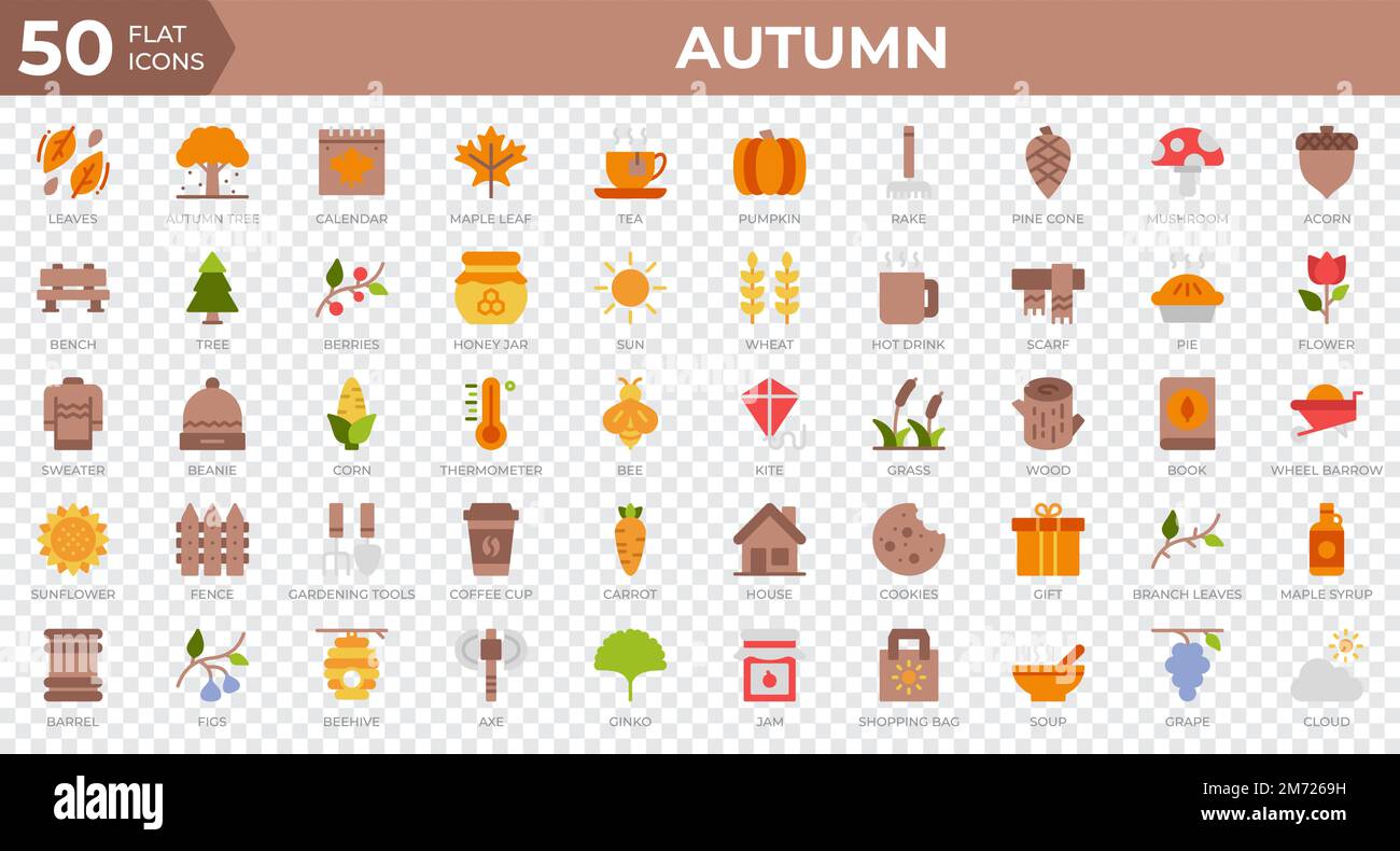 Set of 50 Autumn icons in flat style. Leaves, berries, sweater. Flat ...