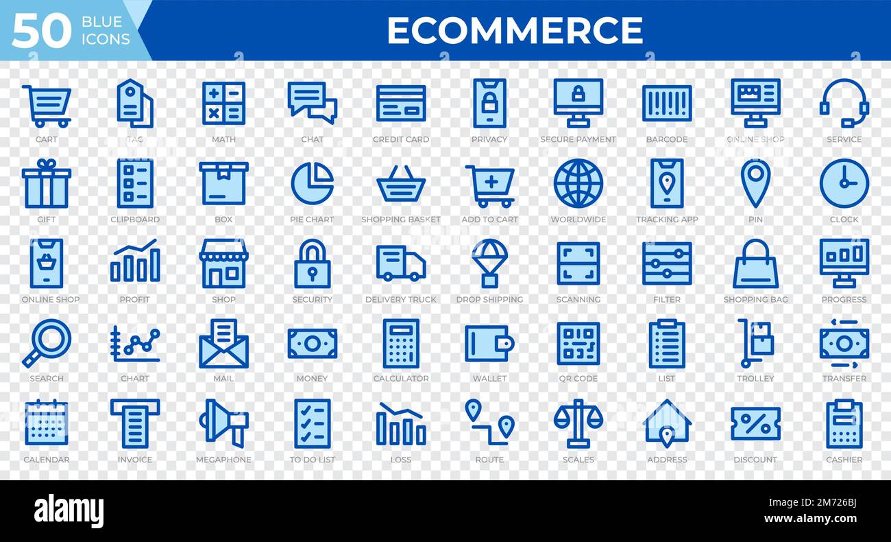 Set of 50 Ecommerce web icons in line blue style. Credit card, profit, invoice. Outline icons ...